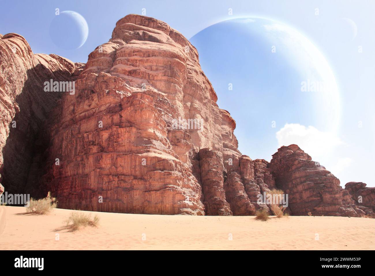 Fantastic scenic with sand desert, rock and planets in sky. Beautiful ...
