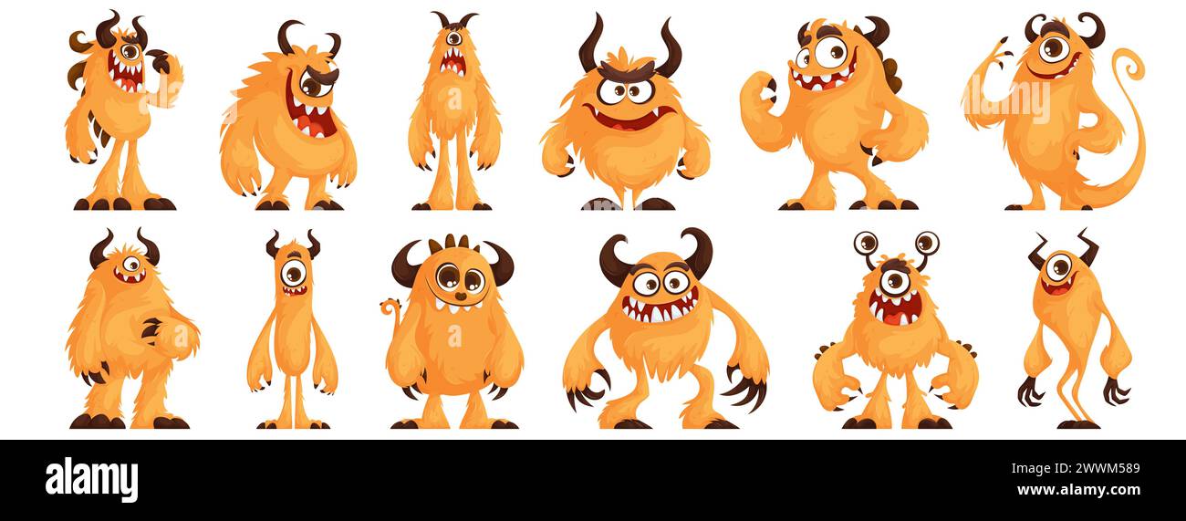 Set of orange furry monsters with cute, quirky, funny and evil emotions ...