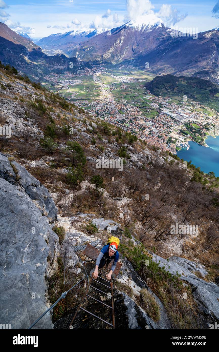 On the Via Ferrata dell’Amicizia climbing route near Riva del Garda ...