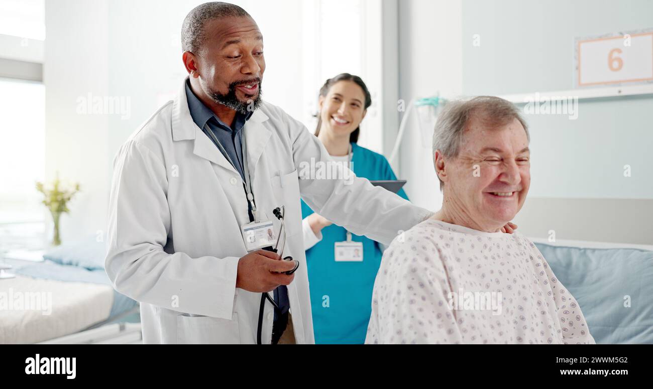 Senior patient, doctor and hospital with breathing check and ...