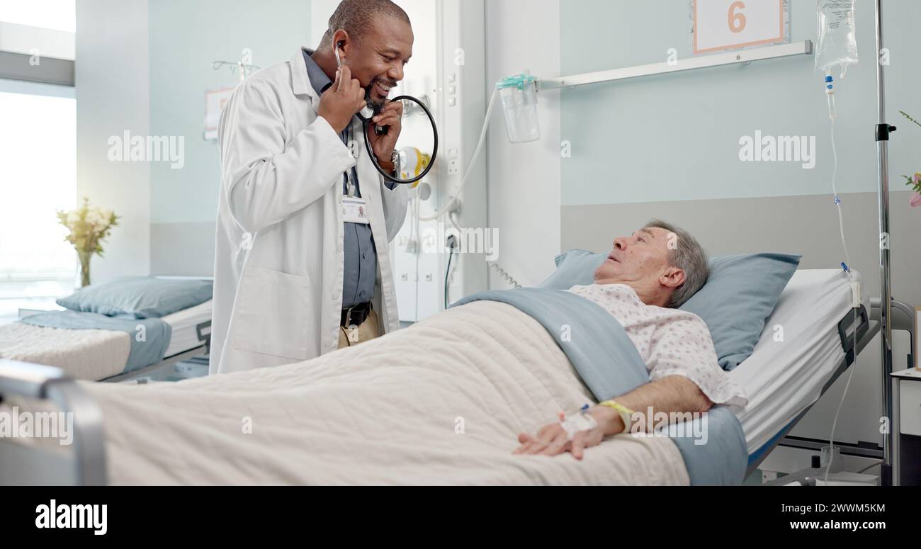 Consultation, stethoscope and doctor with patient in hospital after ...