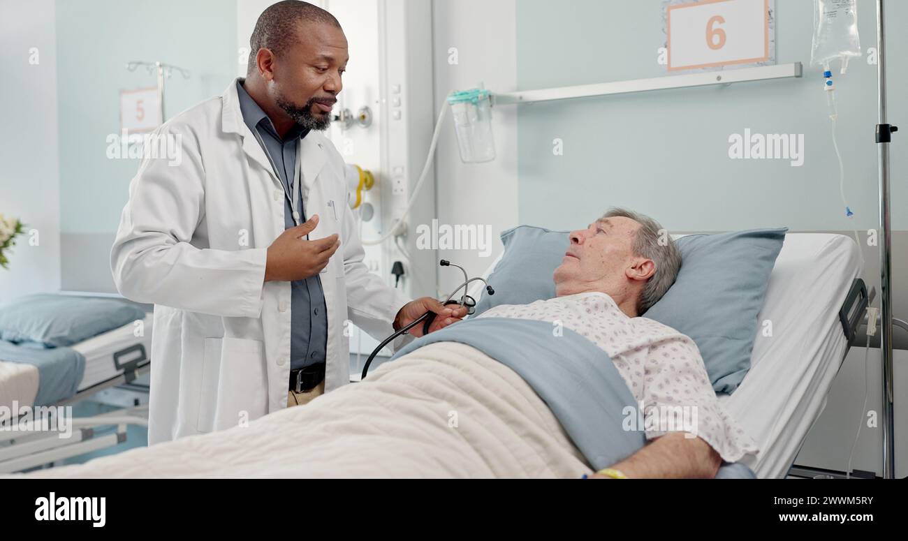 Medical stethoscope and doctor with patient in hospital after surgery ...