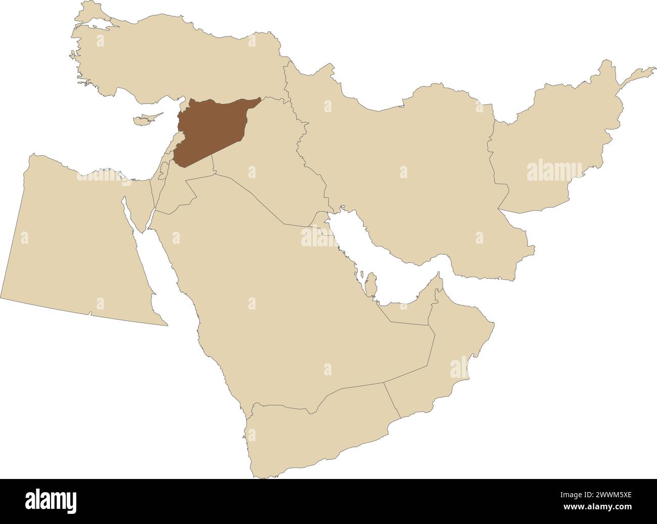 Dark brown map of SYRIA inside light brown map of the Middle East Stock ...