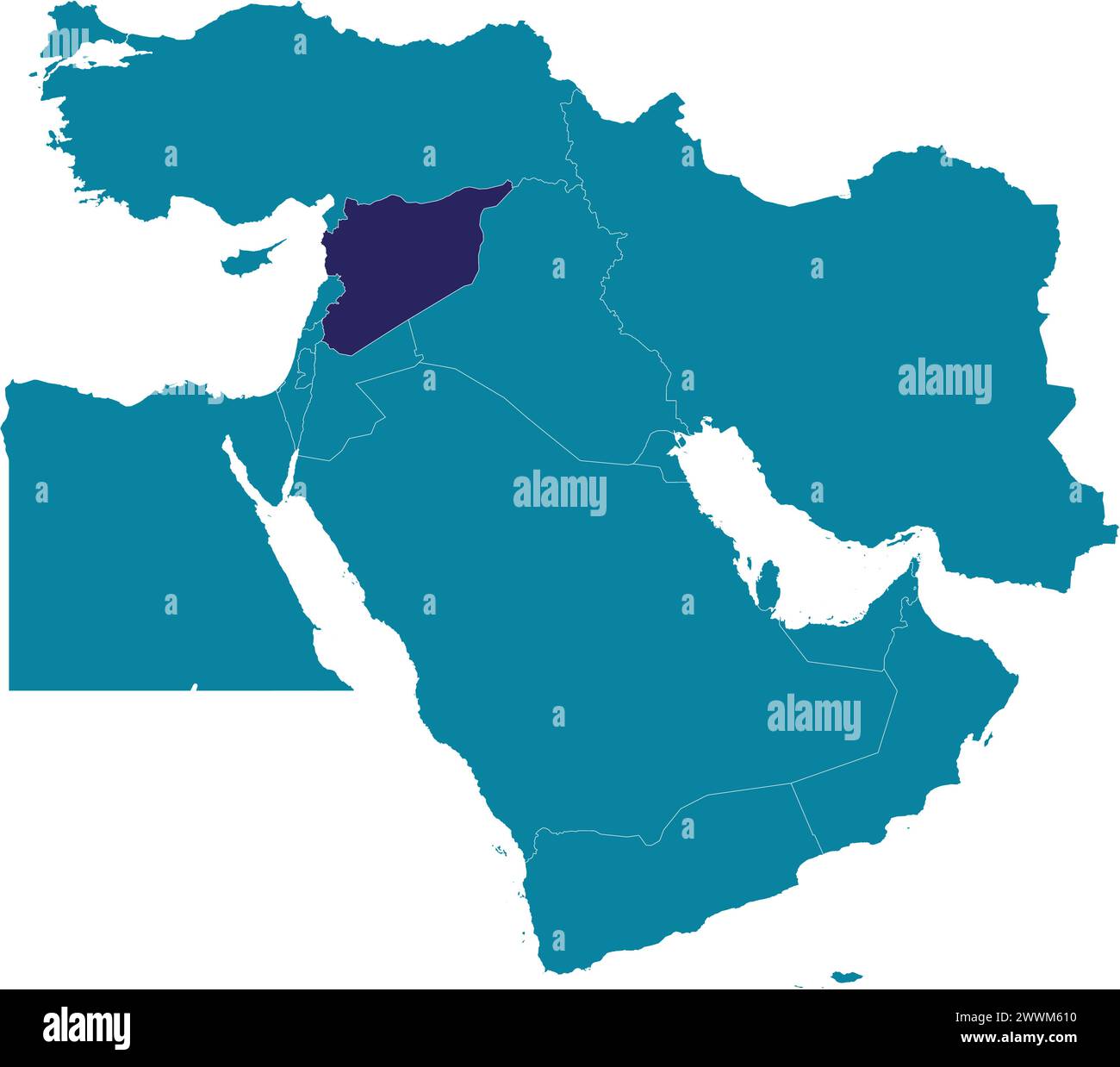Purple map of SYRIA inside marine blue map of the Middle East Stock ...