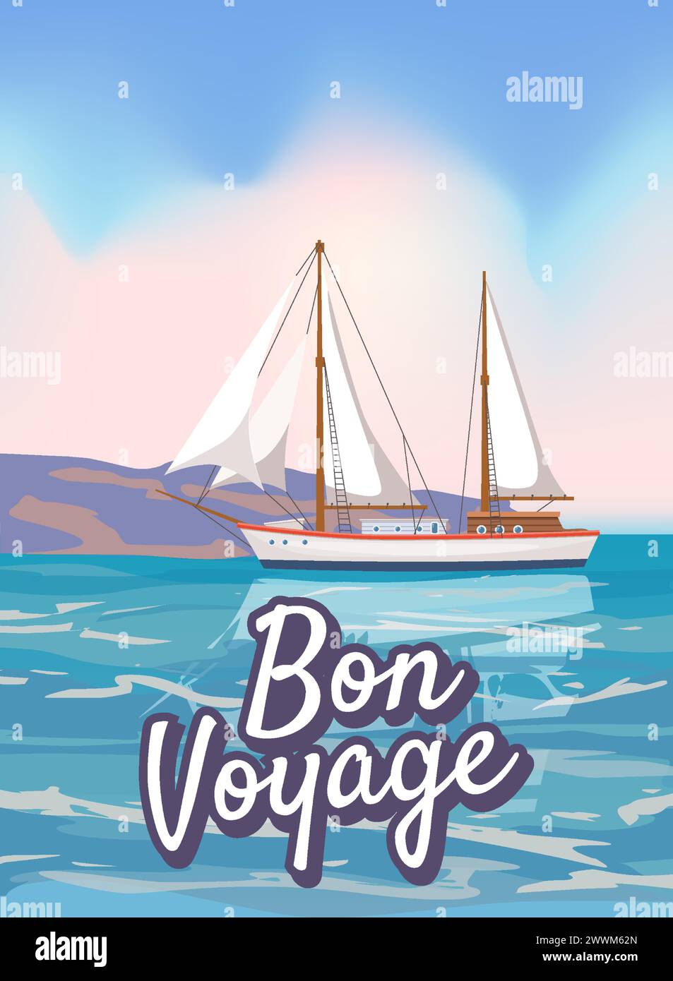 Sailboat Bon Voyage poster retro, sailing ship on the ocean, sea ...