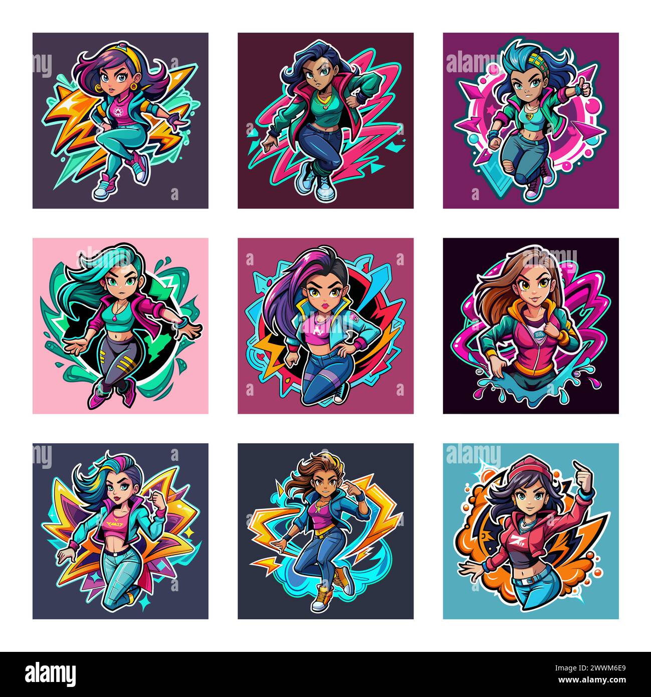 Sticker portraying a stylish girl in a dynamic pose, with graffiti ...