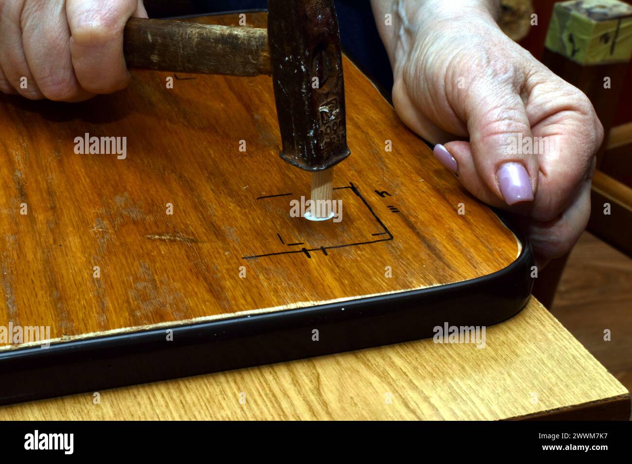 The picture shows the moment of inserting a wooden dowel into the hole ...