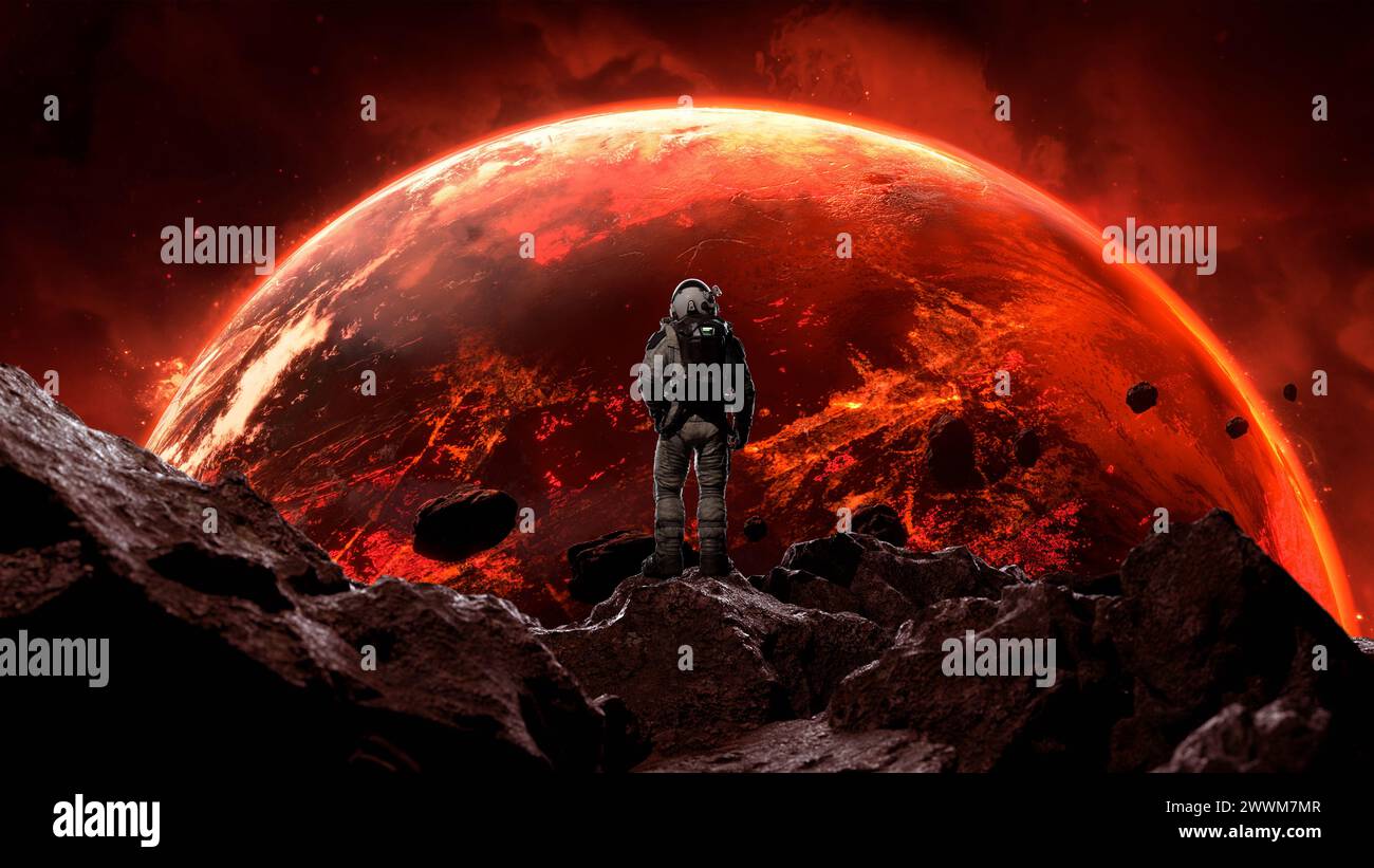 Astronaut surveys a rocky extraterrestrial landscape under the glow of ...