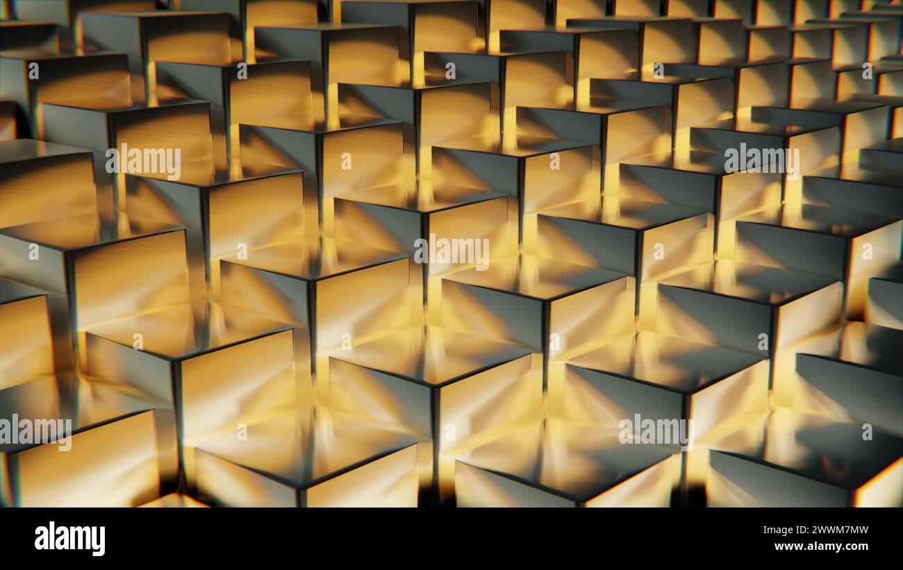 Close-up of reflective golden cubes arranged symmetrically with soft ...