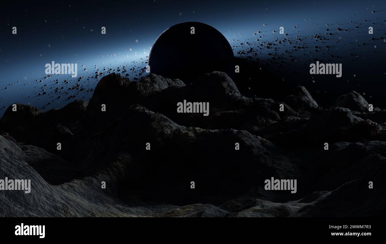 Otherworldly landscape features rugged terrain under a night sky, with ...