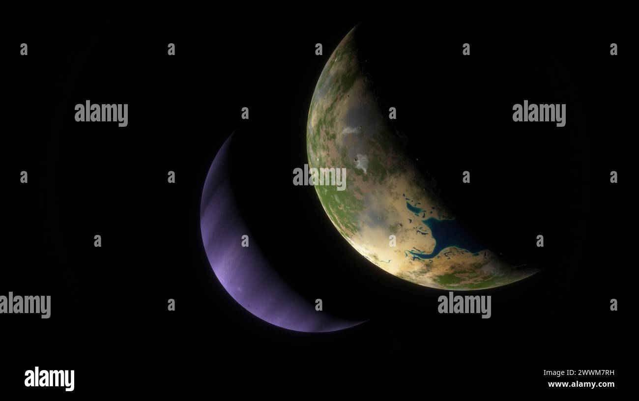 Vibrant exoplanet and its purple moon in a crescent phase create a ...