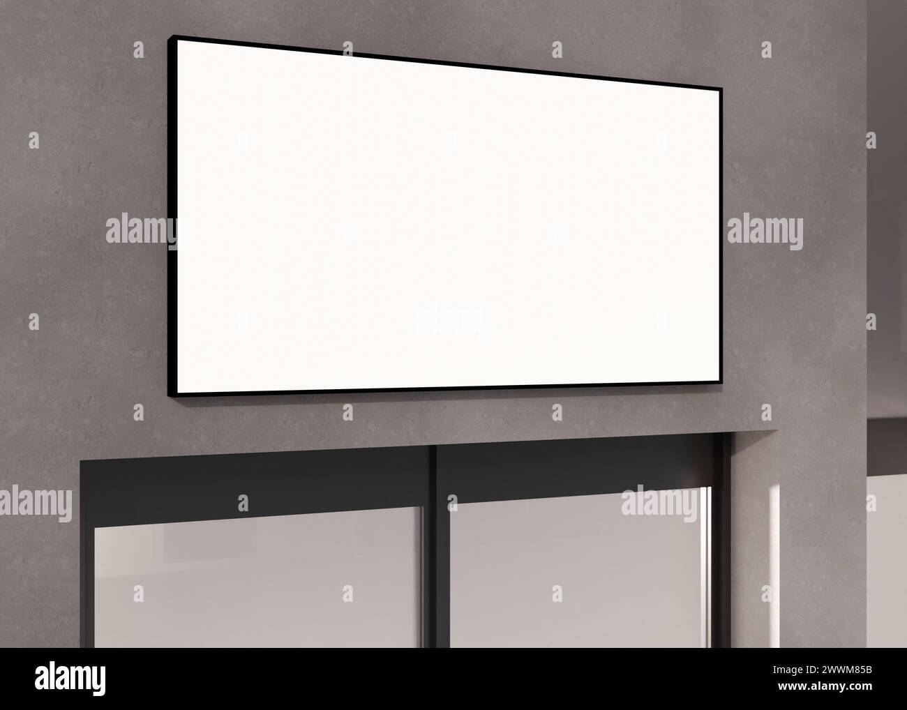 A modern rectangular blank signboard on a textured grey wall above a ...