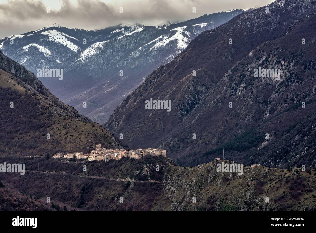 Panorama of the Sagittario Gorges and the medieval village of ...