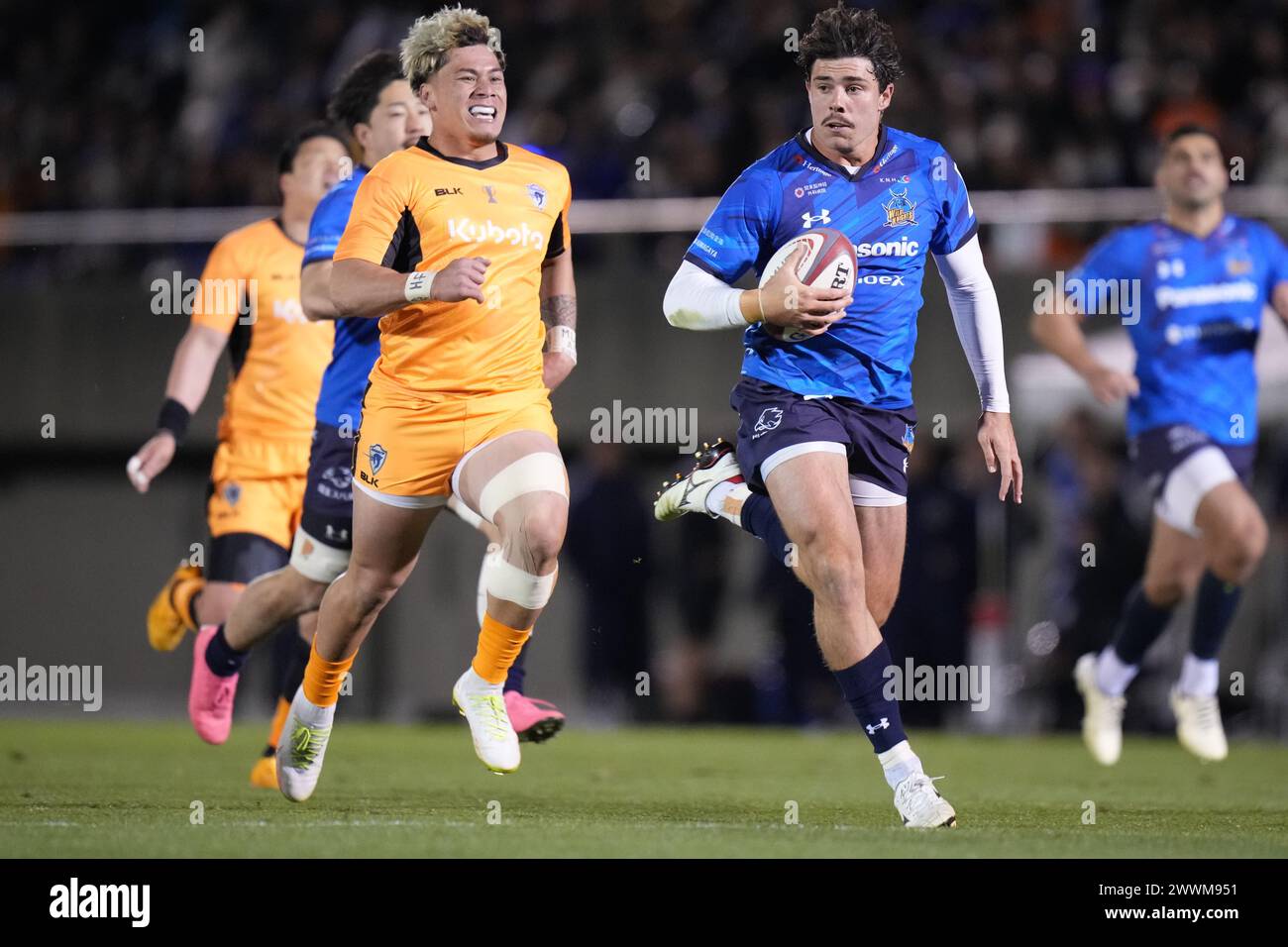 Wild Knights' Dylan Riley runs for scoring a try during the 2023-24 ...
