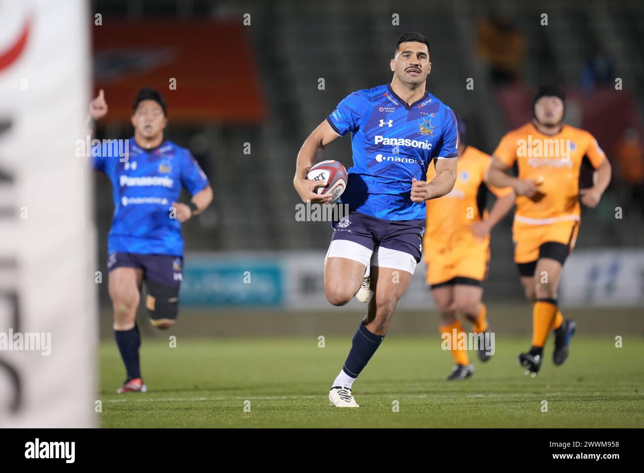 Wild Knights' Damian De Allende runs for scoring a try during the 2023 ...