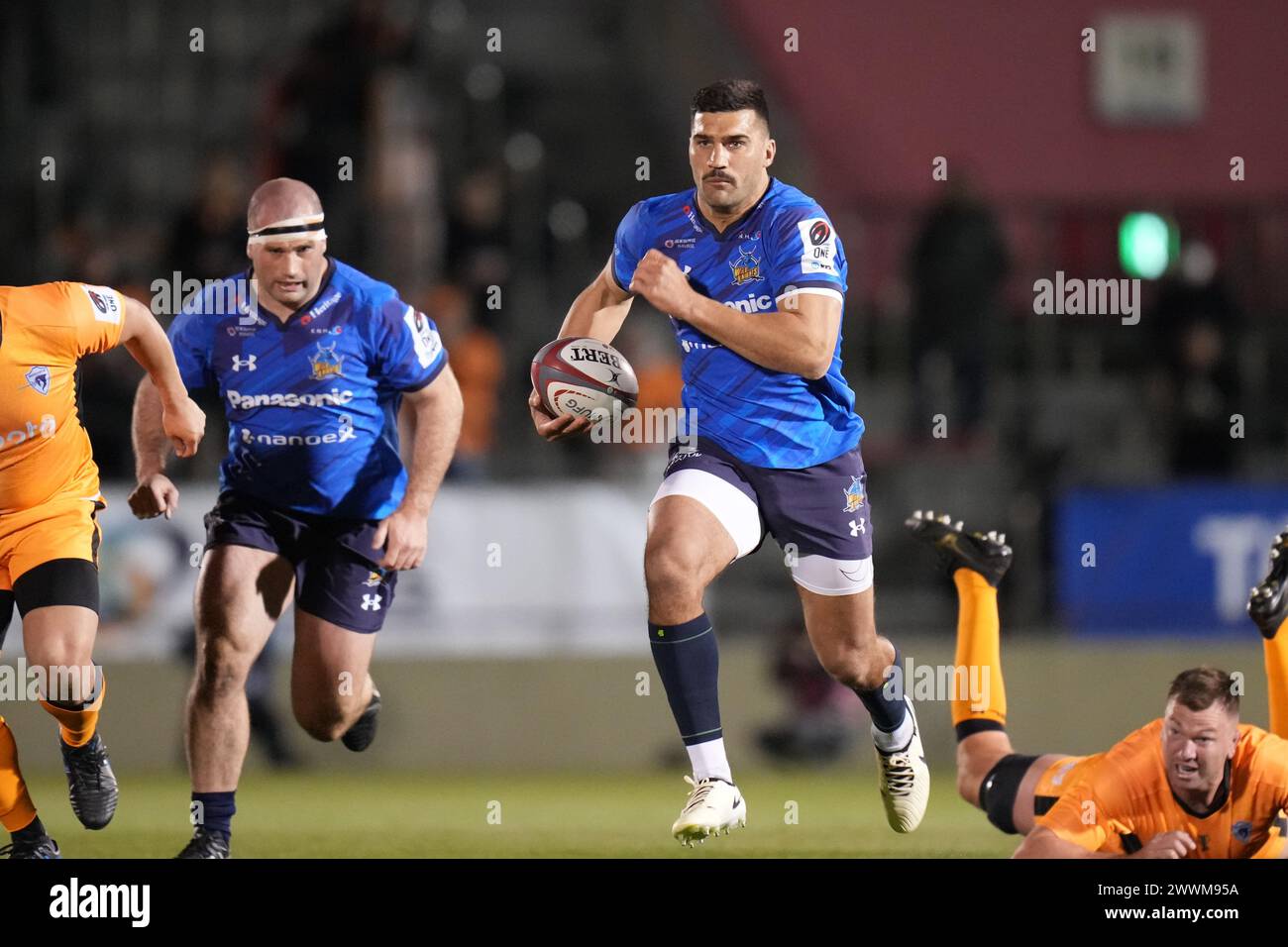 Wild Knights' Damian De Allende runs for scoring a try during the 2023 ...