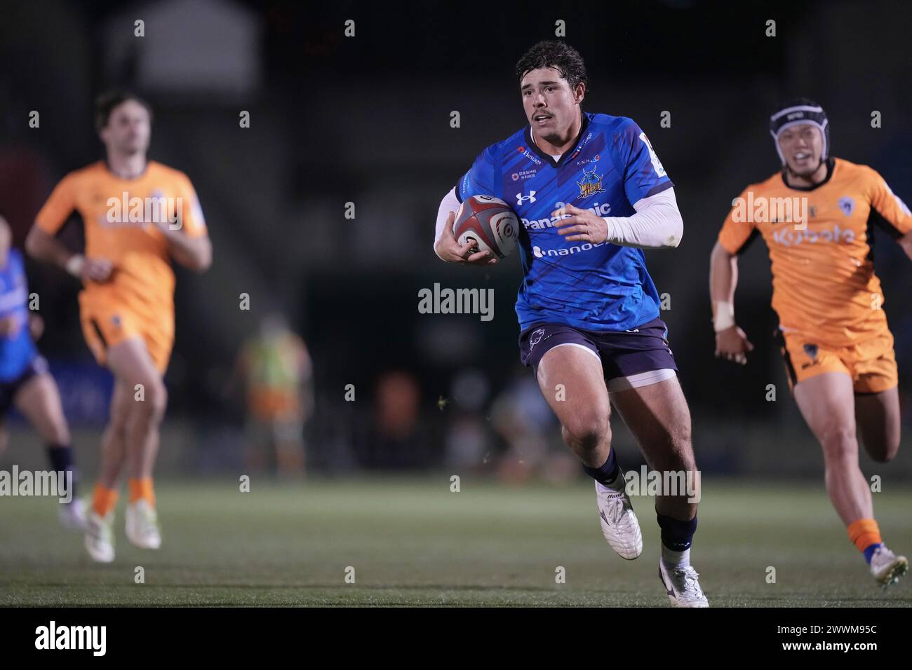 Wild Knights' Dylan Riley runs for scoring a try during the 2023-24 ...