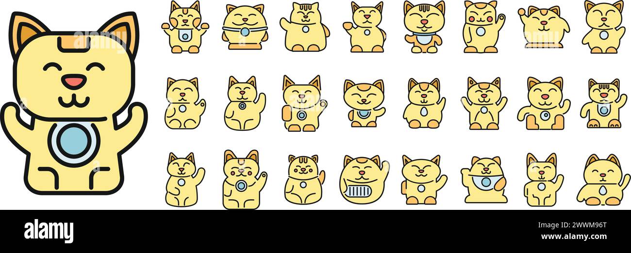 Lucky cat icons set outline vector. Asian animal. Good luck thin line ...