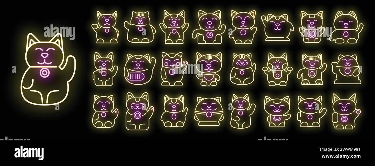 Lucky cat icons set outline vector. Asian animal. Good luck neon color ...