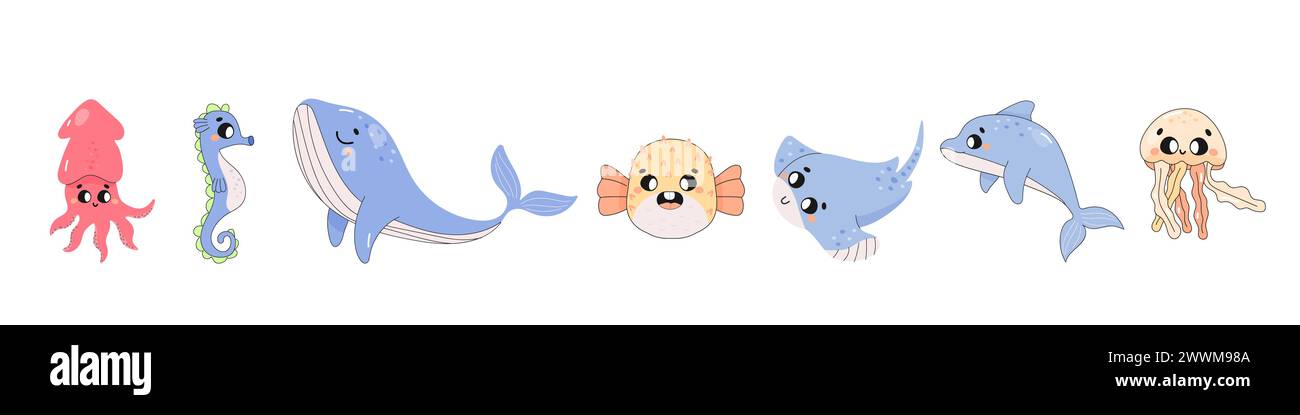 cute sea animals, set, on white background, fugu, whale, dolphin ...