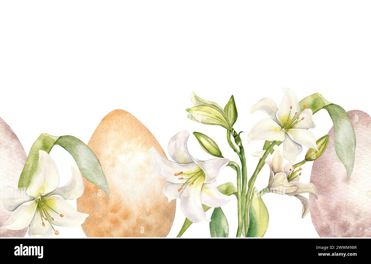 Easter seamless banner with eggs and white flowers. Lilies pastel color ...