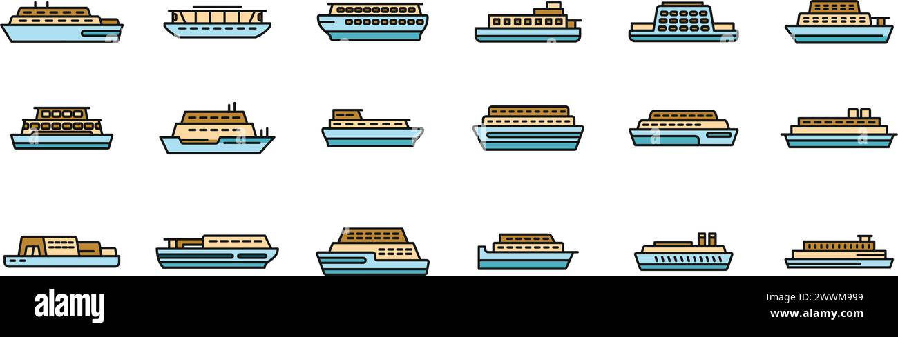 Ferry icons set outline vector. Boat delivery. Public cargo thin line ...