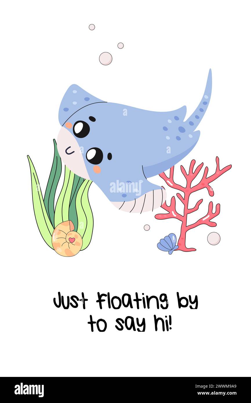 Postcard of friendship, support, with cute sea character,stingray ...