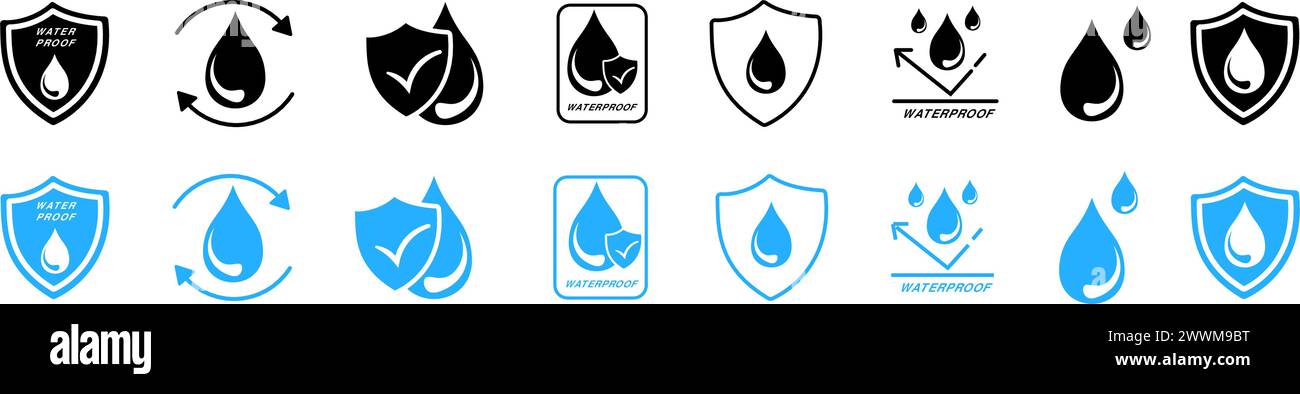 Waterproof icon set in flat style. Water and Dust, liquid proof ...