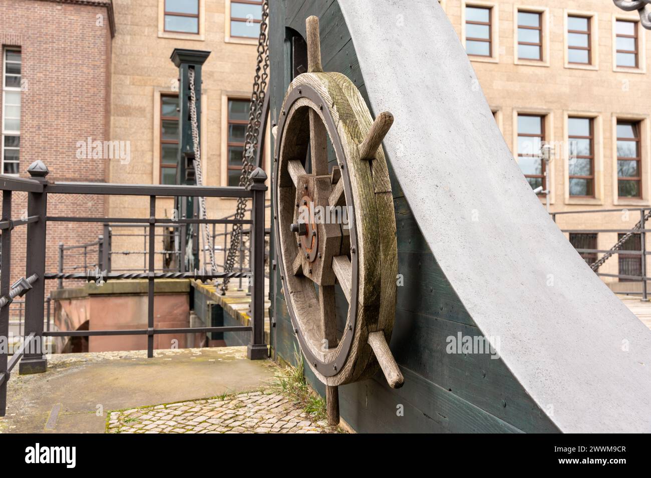 An ancient drawbridge across the river in Berlin. Close-up of the old ...