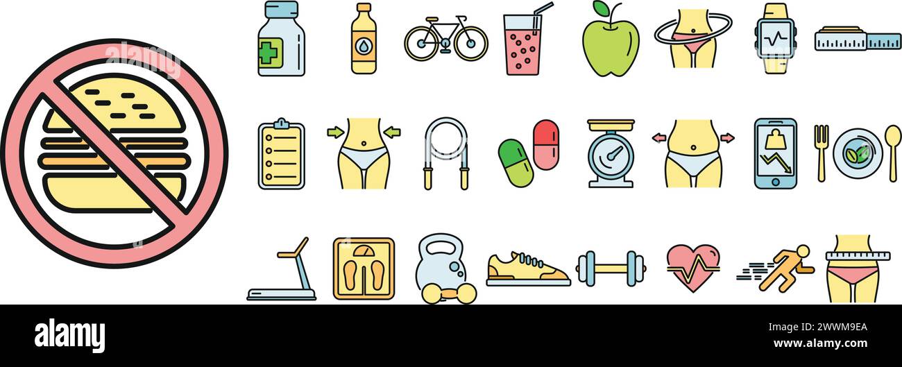 Slimming icons set outline vector. Weight loss. Fat fit thin line color ...