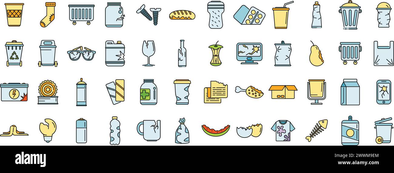 Waste icons set outline vector. Garbage food. Fresh plastic thin line ...