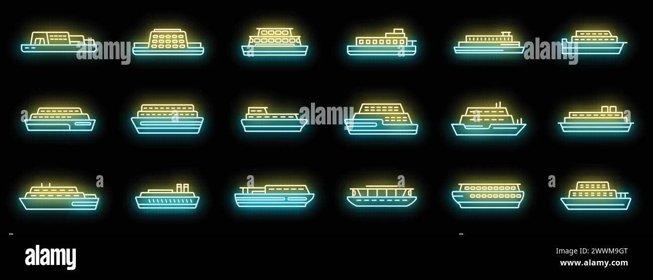 Ferry icons set outline vector. Boat delivery. Public cargo neon color ...