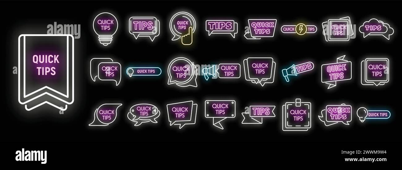 Tips icons set outline vector. Help information. Quick advice neon ...