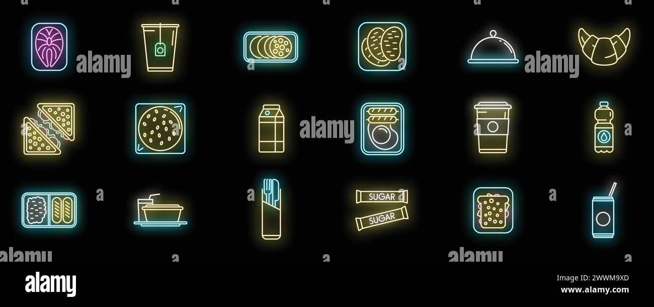Airline food icons set outline vector. Inflight meal. Air plane neon ...