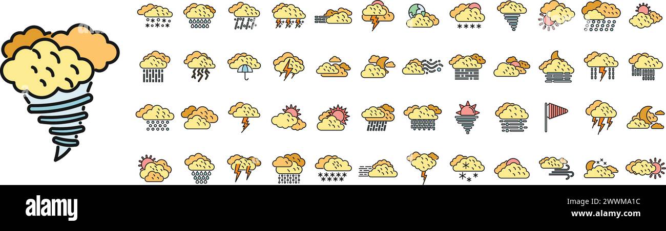 Cloudy weather icons set outline vector. Climate air. Snow rain thin ...
