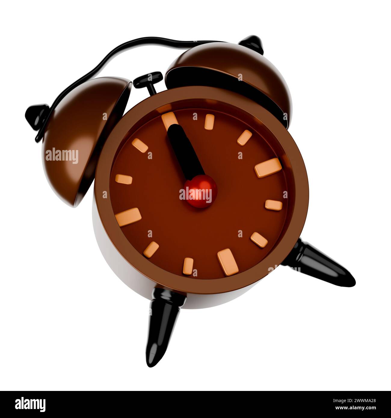 Dark brown alarm clock, cartoon style, 3D rendering on white background ...
