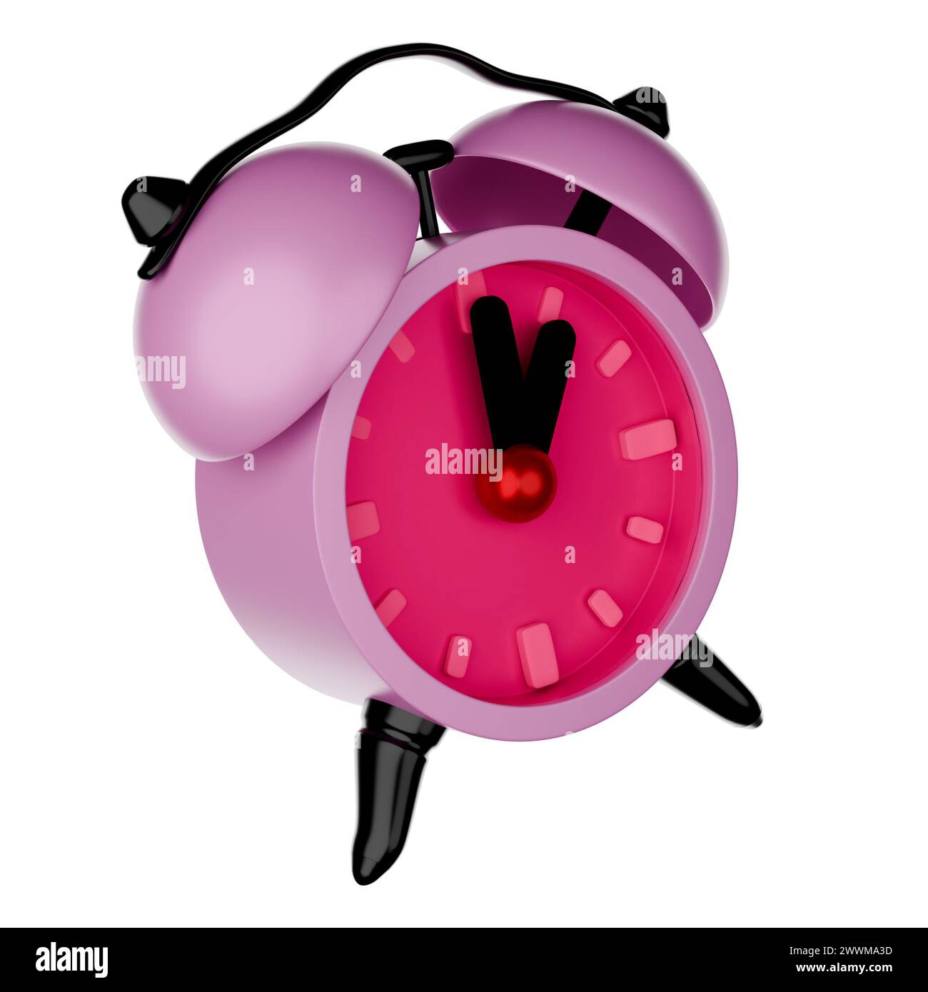 Pink alarm clock, cartoon style, 3D rendering on white background have ...