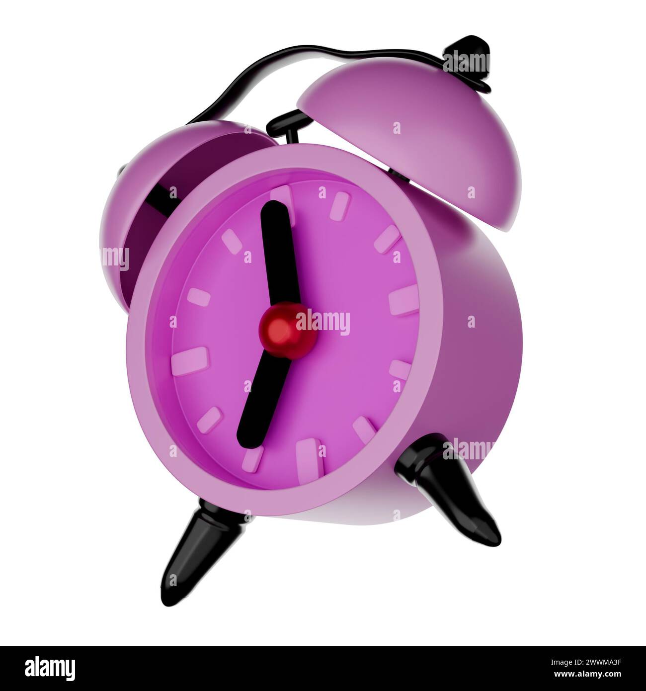 Pink alarm clock, cartoon style, 3D rendering on white background have ...
