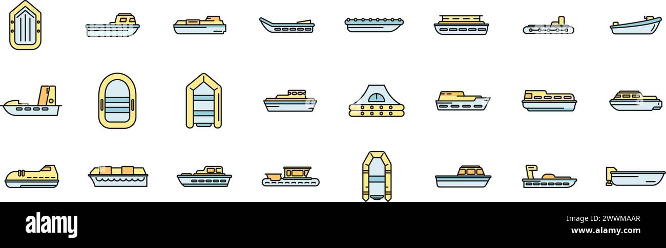 Rescue boat icons set outline vector. Sea aid. Accident rescue thin ...