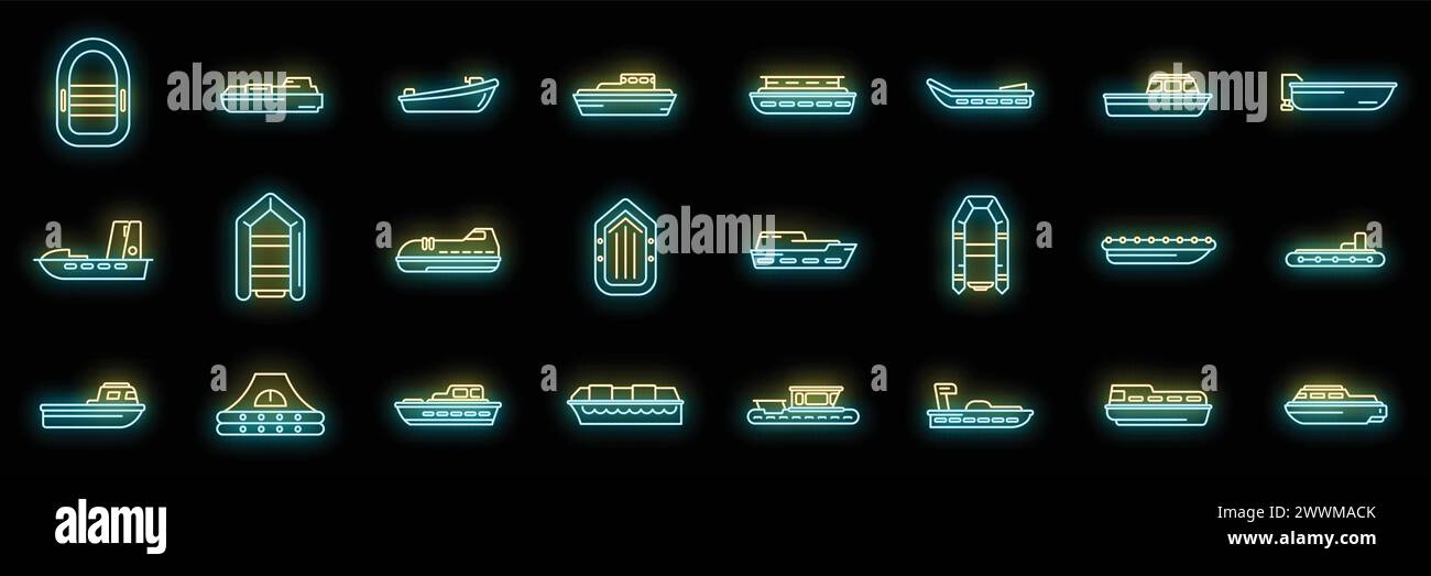 Rescue boat icons set outline vector. Sea aid. Accident rescue neon ...