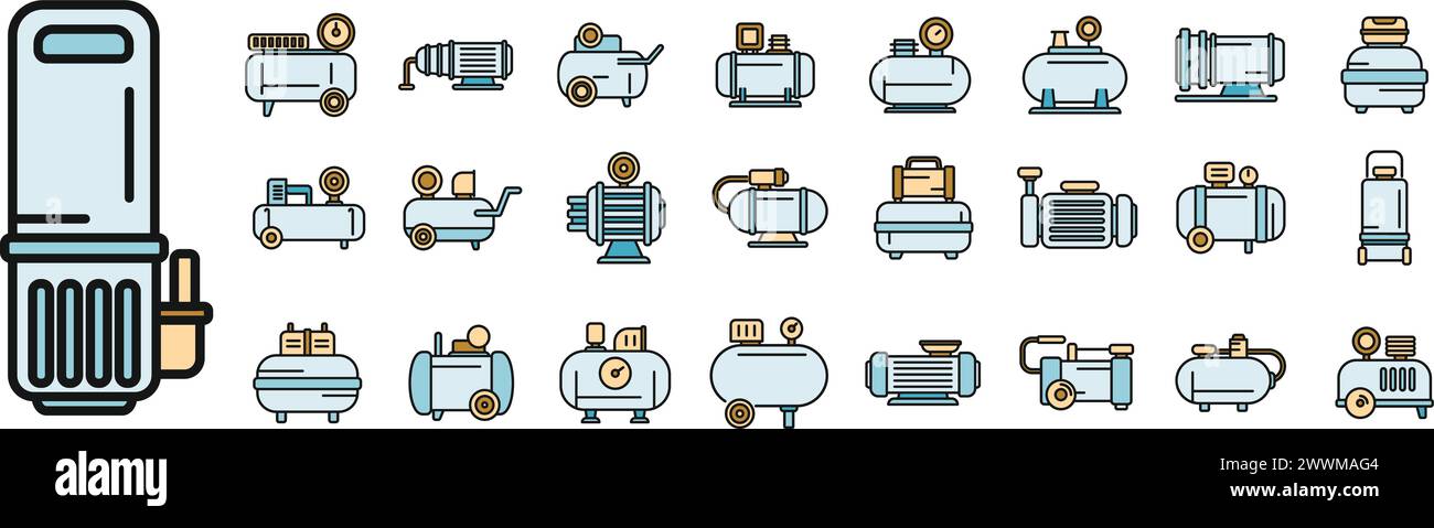 Compressor icons set outline vector. Air car. Auto tank thin line color ...