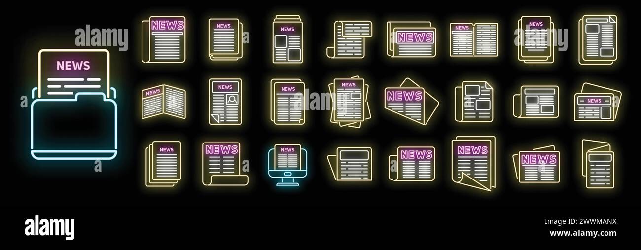 Newspaper icons set outline vector. Stack magazine. Paper pile neon ...