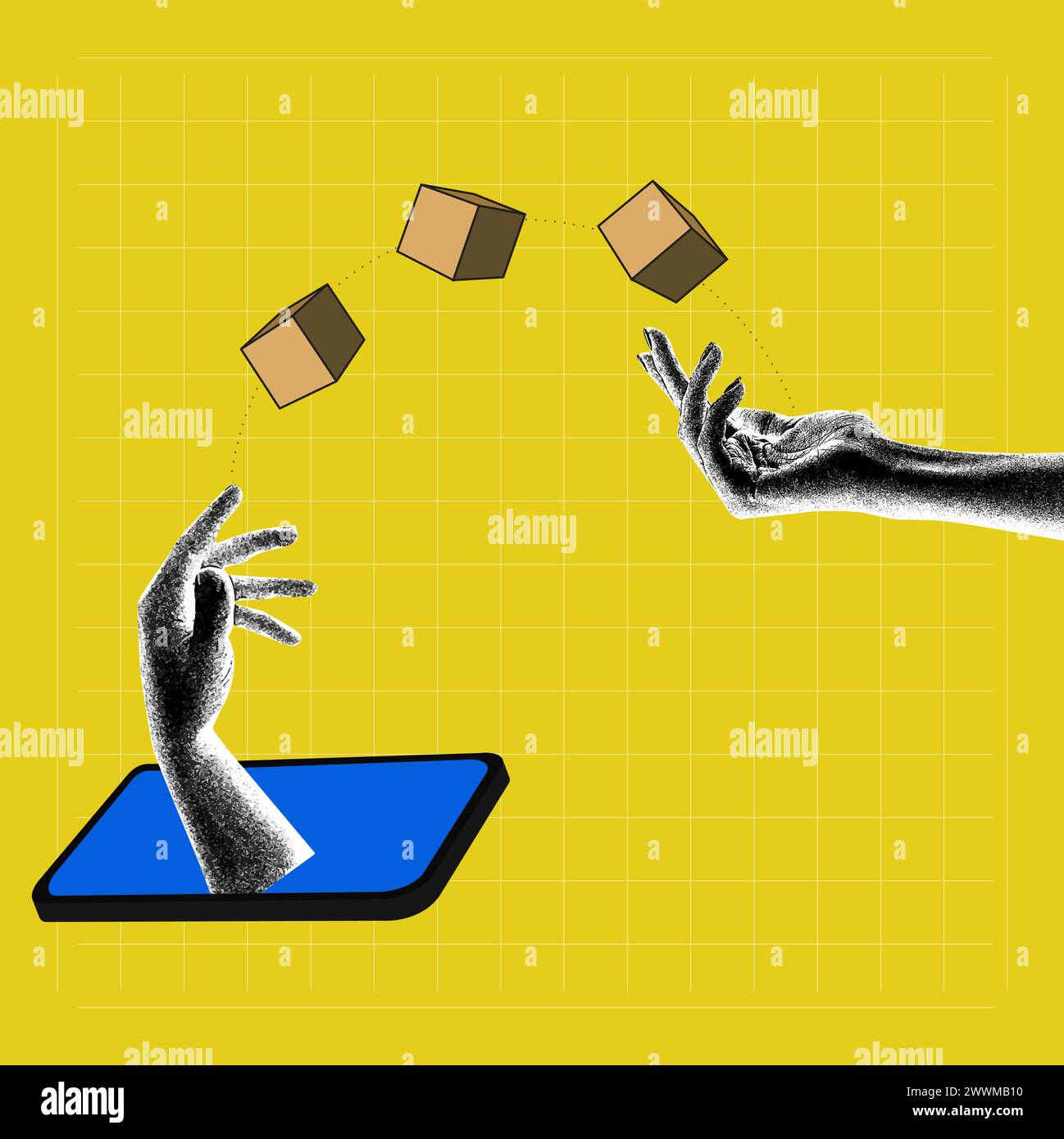 Contemporary art collage. Vector illustration. Hand from smartphone ...