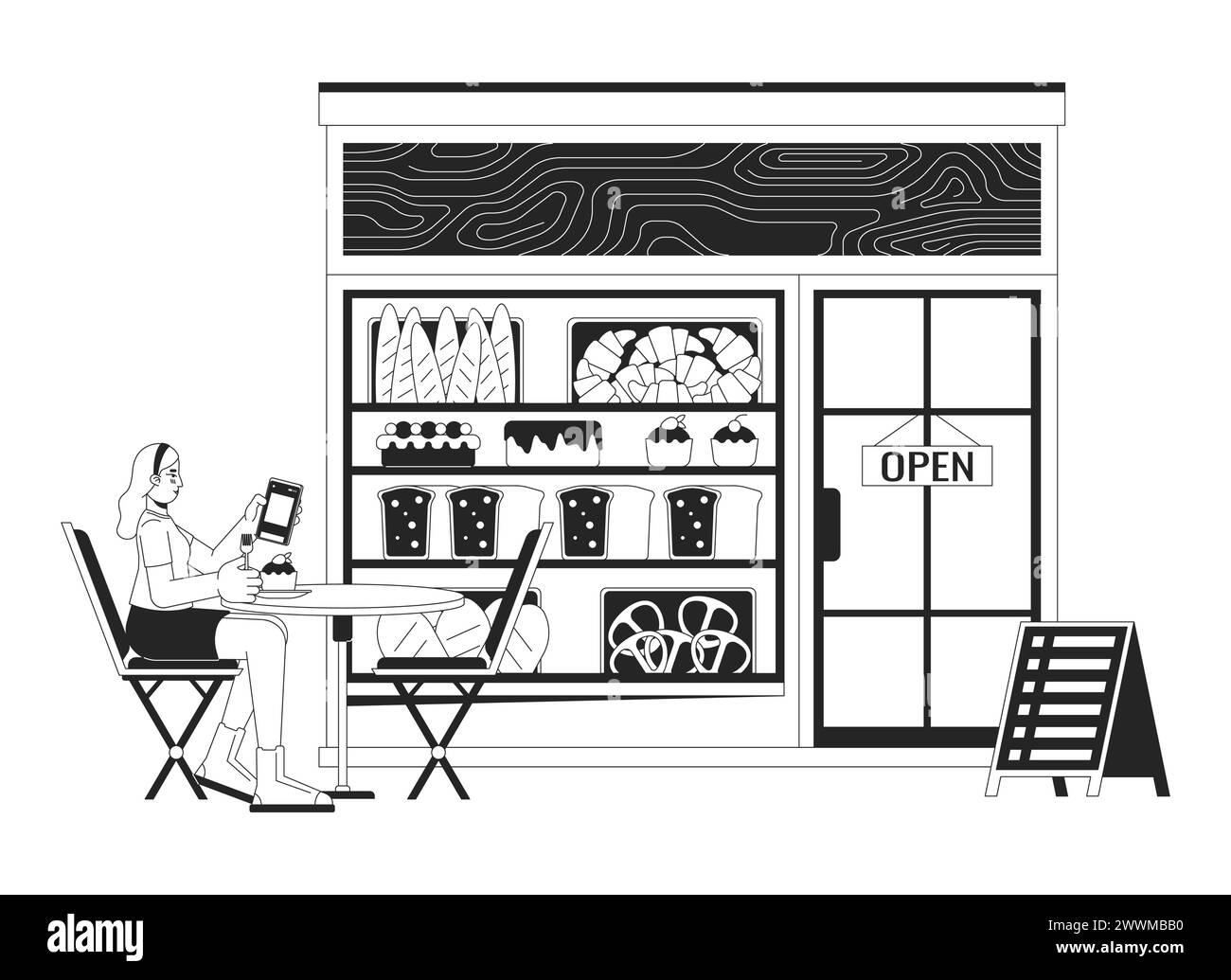 Woman visiting bakery shop black and white 2D line cartoon character ...