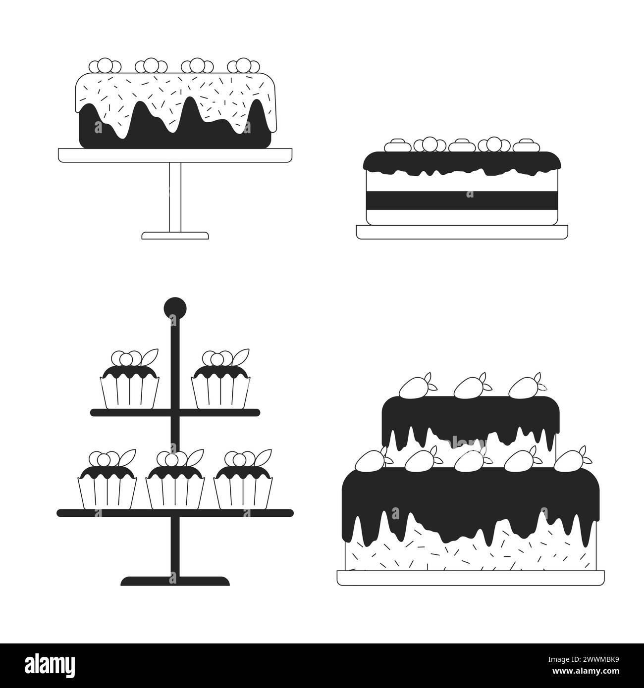 Decorated Cakes On Stands Black And White 2d Line Cartoon Objects Set Stock Vector Image And Art