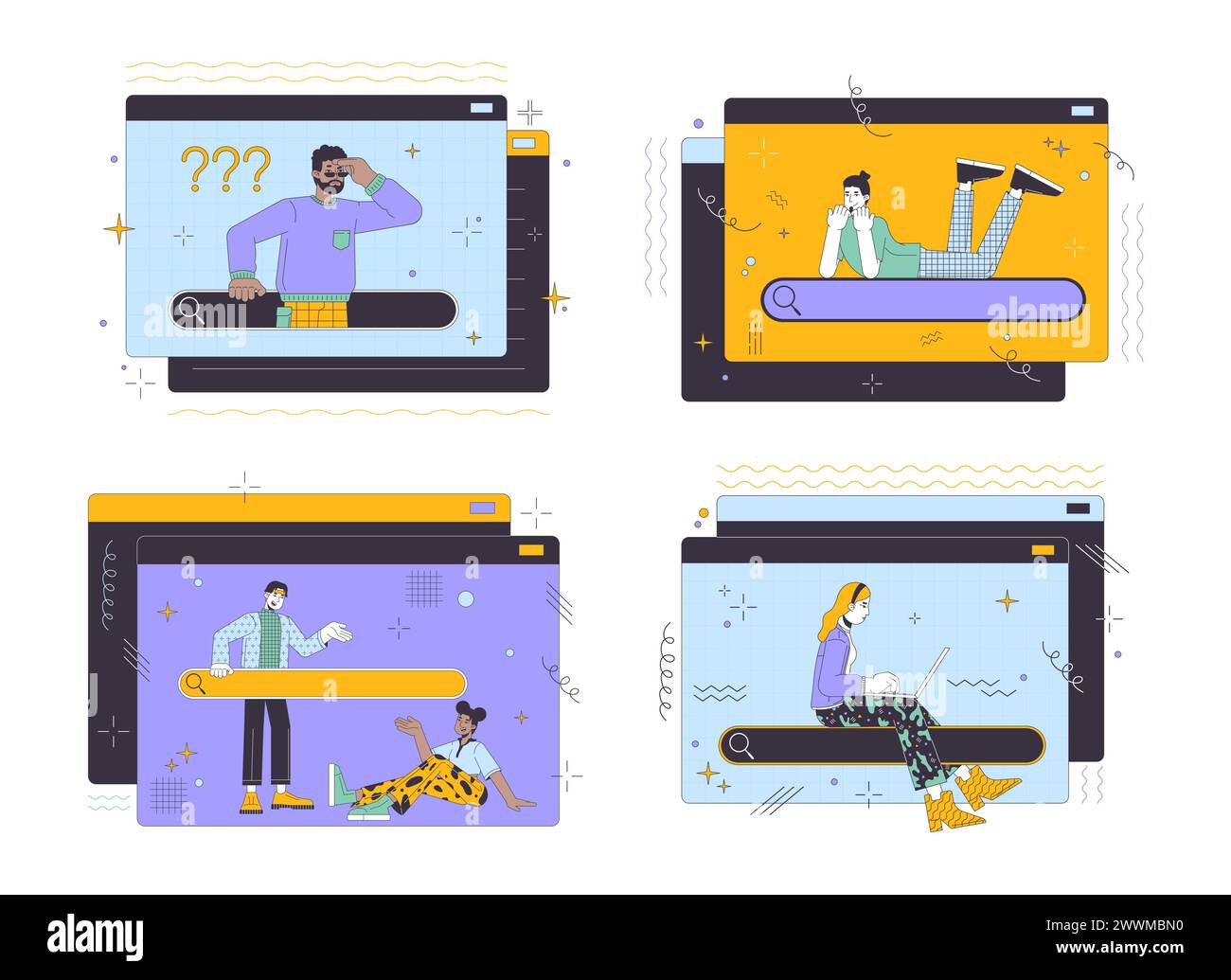 Searching information online 2D linear illustration concept set Stock ...