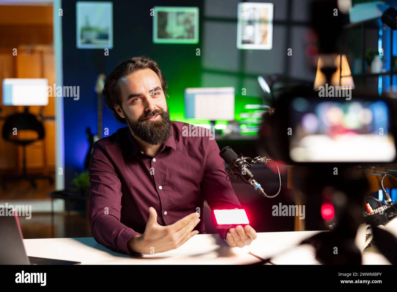 Cheerful influencer happily endorsing mini led lights from sponsor ...