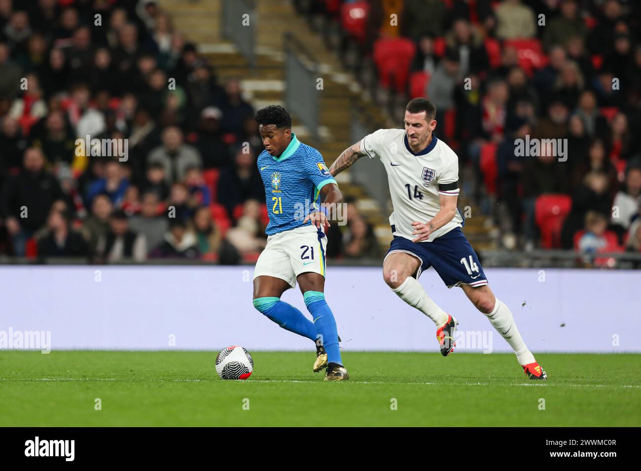 Lewis Dunk of England Endrick of Brazil - England v Brazil ...