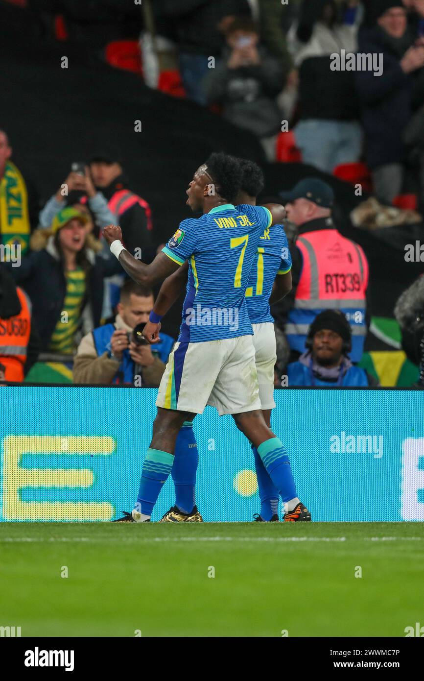 Vinicius Junior of Brazil celebrates withEndrick of Brazil scoring ...