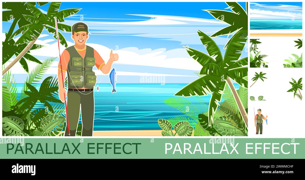 Fish on seashore. Set of slides for parallax effect. Funny cartoon ...